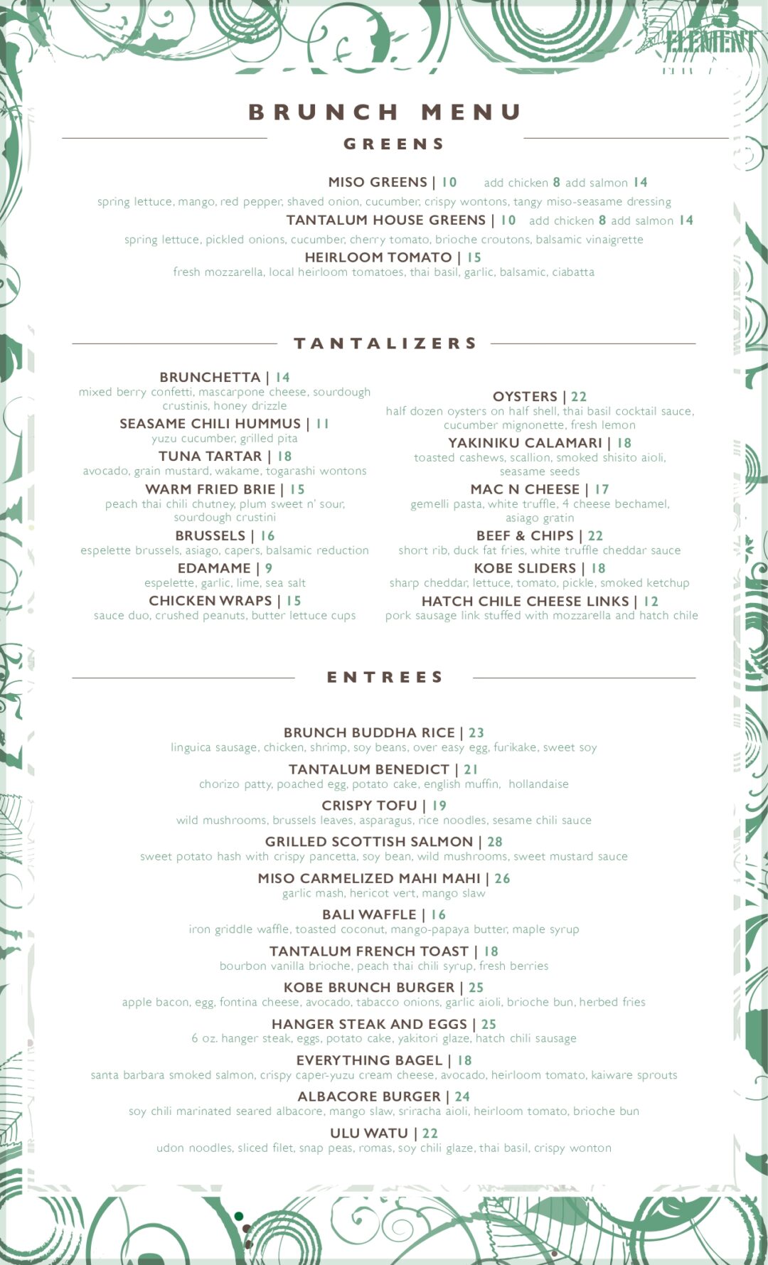 Brunch Menu | Tantalum Restaurant